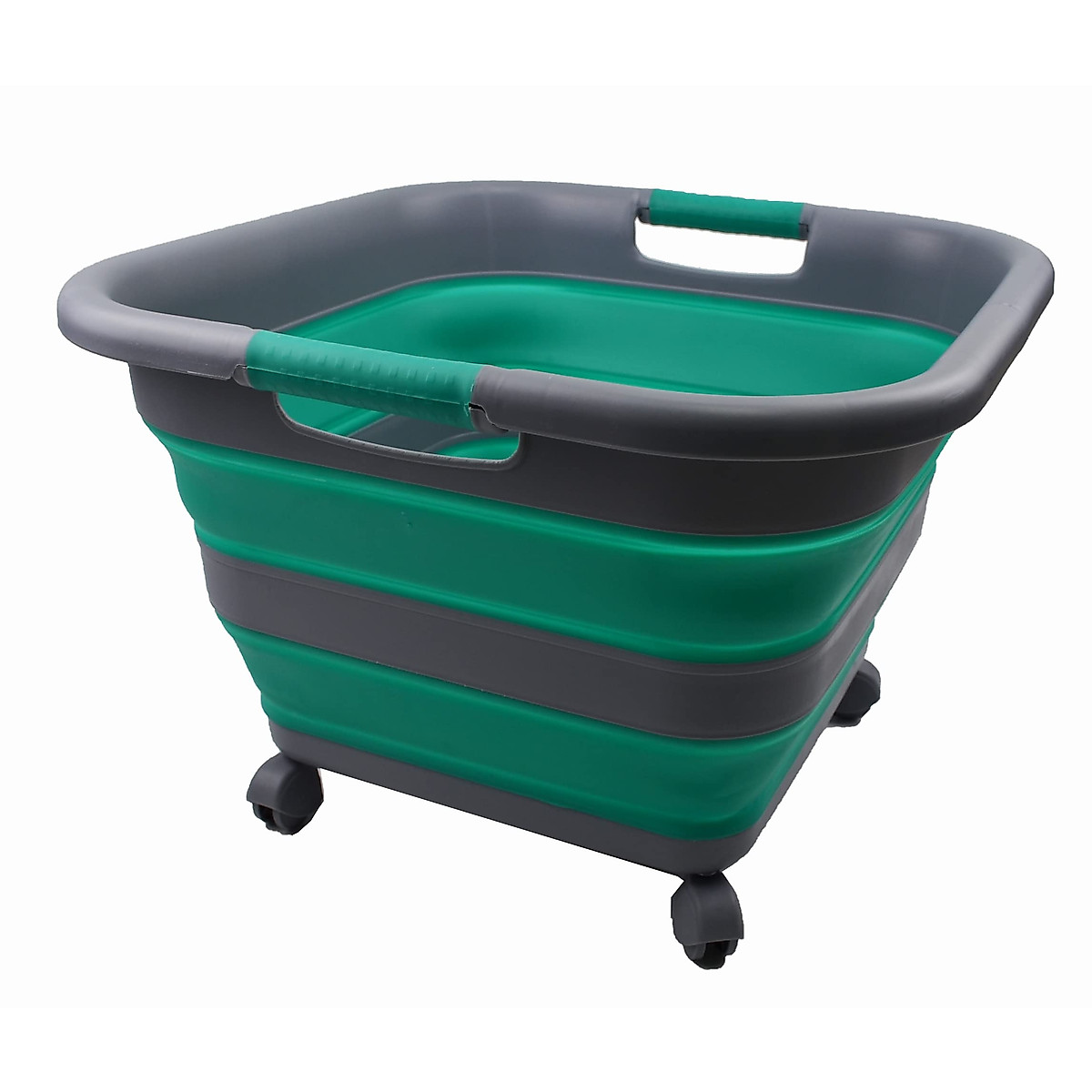 SAMMART Collapsible Plastic Laundry Basket with Wheels 39L (10.3 Gallons) -Foldable Pop Up Storage Container for Laundry, Camping & Home (1, Dark Grey/Bluish-Green)