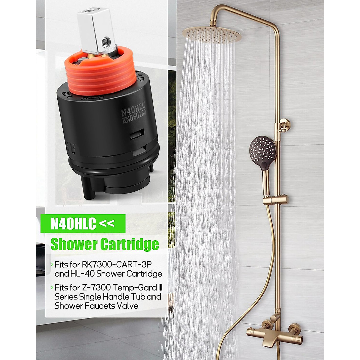 Urnqowuy N40HLC Shower Cartridge Fit for RK7300-CART-3P and HL-40 Shower Cartridge, Type F 40 mm Shower Cartridge Fit for Z-7300 Temp-Gard III Series Single Handle Tub and Shower Faucets Valve