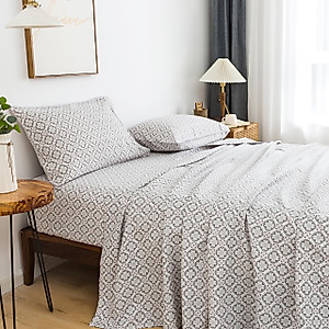 KaceMoo King Sheet Set 4PC Printed Sheets Beige Floral Pattern Boho Sheets Cooling Deep Pocket Microfibe Bed Sheet King Size, Luxury, Soft, Breathable, Hypoallergenic, Wrinkle Free for Kids Room, Dorm