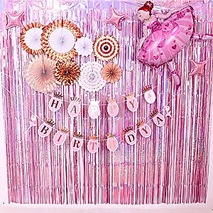 BRAVESHINE Pink Glitter Tinsel Foil Fringe Curtains - 2 Pcs 3.2x8.2 ft Metallic Holiday Photo Backdrop for Girl Princess Birthday Wedding Unicorn Bridal Shower Bachelorette Party Supplies Decorations