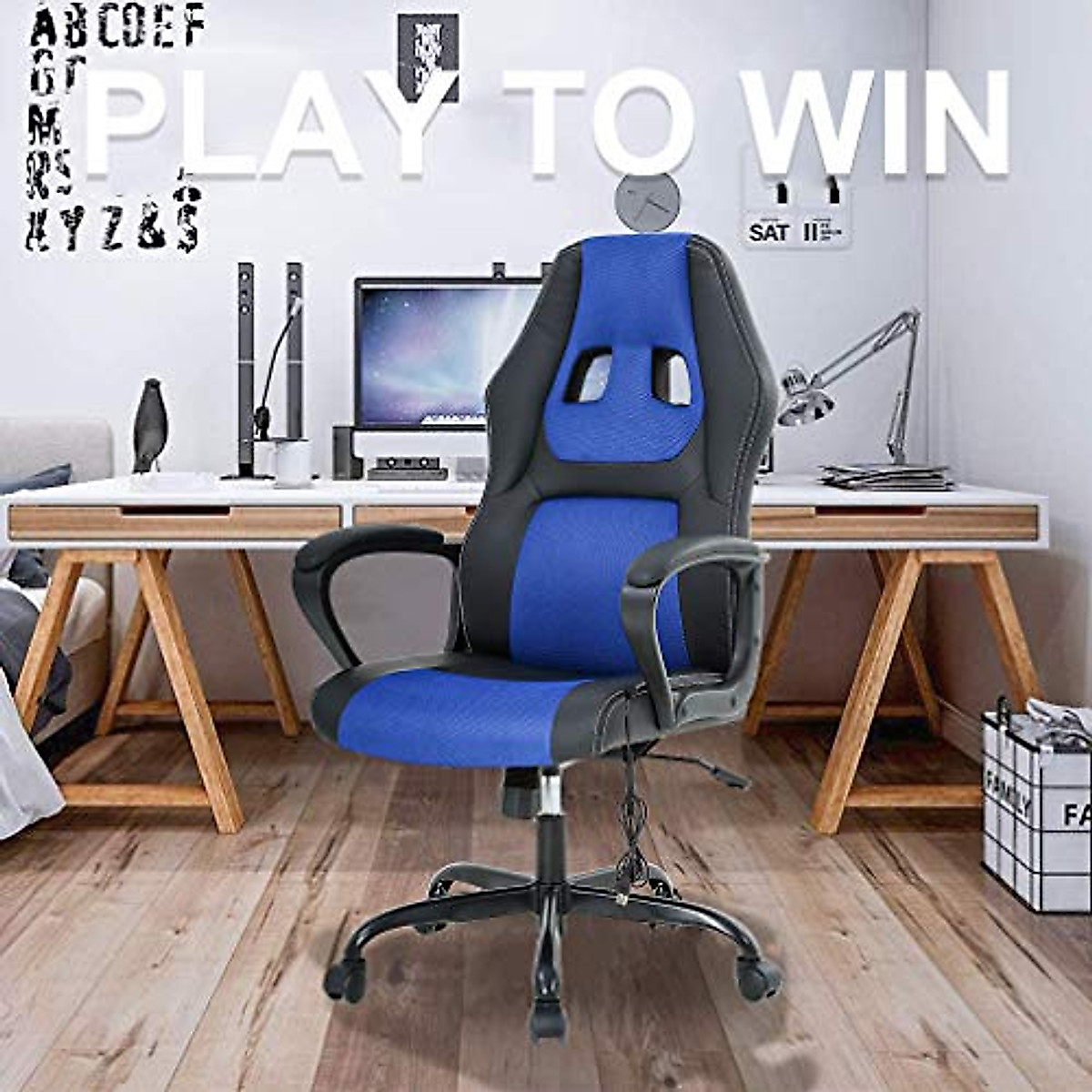 Office Chair Gaming Chair Ergonomic Massage Chair PU Leather Executive Seat with Swivel Base, Massage Lumbar Support, and Padded Armrests (Blue)