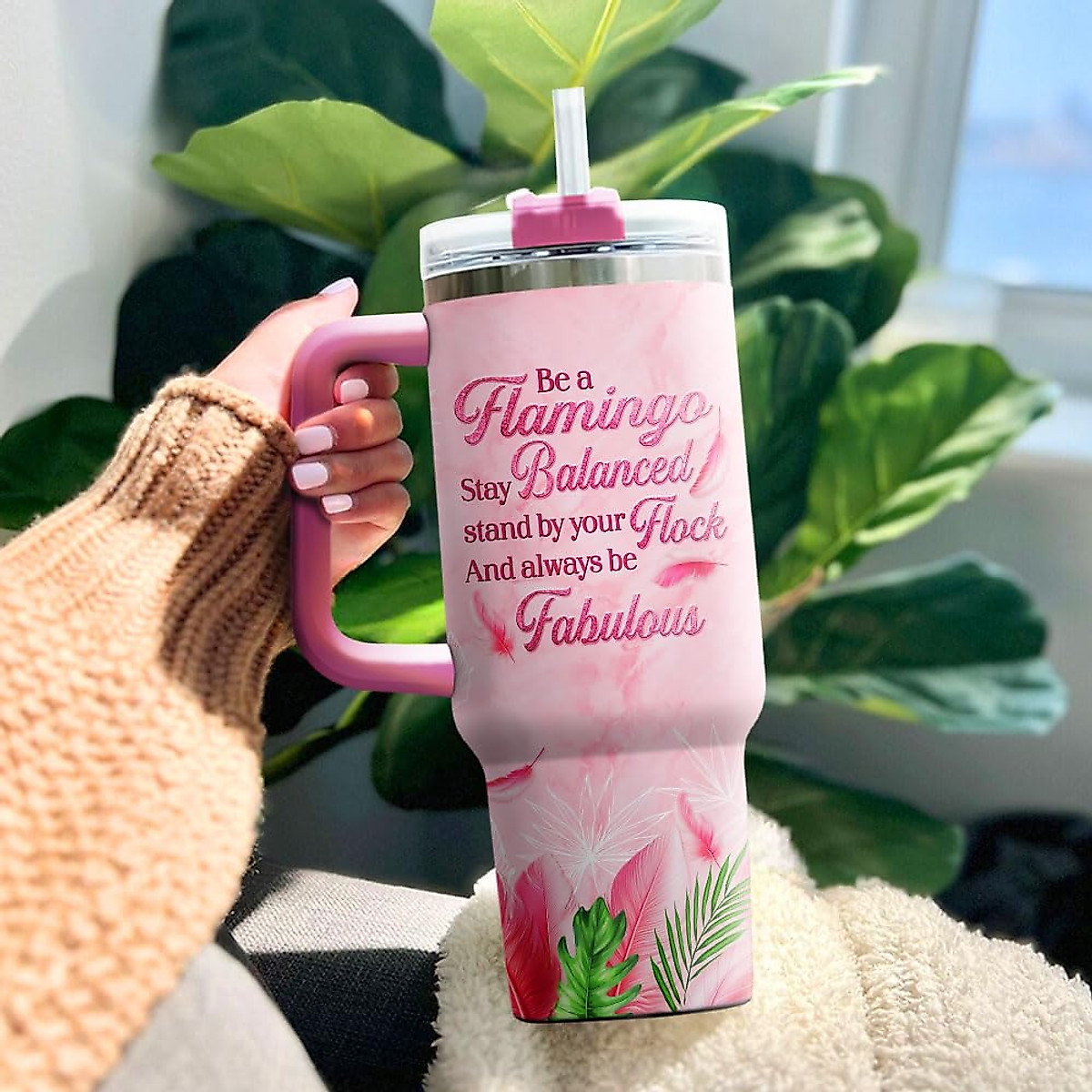 Tumbler 40 Oz With Handle Lid And Straw, Flamingo Tropical, Adults Tumblers Modern Red Quartz Simple Stainless Camelia Primrose Rose Women Funny Glitter Steel, Flamingo Gifts