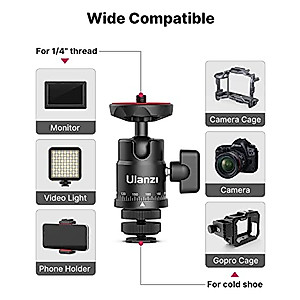 Mini Ball Head, ULANZI H28 Panoramic Tripod Head + Dual Hot Shoe Mount DSLR Camera Mount Adapter Photograph Attachment Accessories for Gopro Cam Camcorder Smartphone Light Microphone Loading 5.5lb