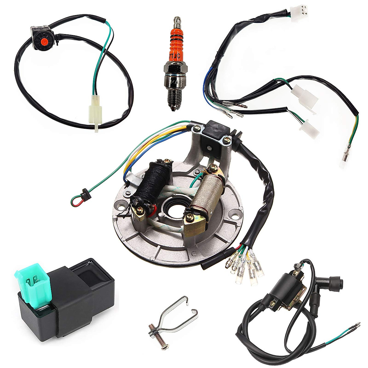 ATV Wiring Harness 110cc Chinese ATV Wiring Harness CDI Ignition Coil 2 Coil Magneto stator Plate Set for tao tao Scooter Pit Bike ATV 50cc 70cc 90cc 110cc 125cc 4 Stroke Wiring Harness