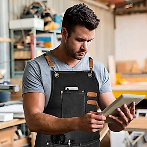 OUNLEN Chef Apron for Men Women Canvas Aprons with 3 Pockets Cross Back Resistant Work Apron for Cooking Grilling Baking BBQ Barber Kitchen (Black)