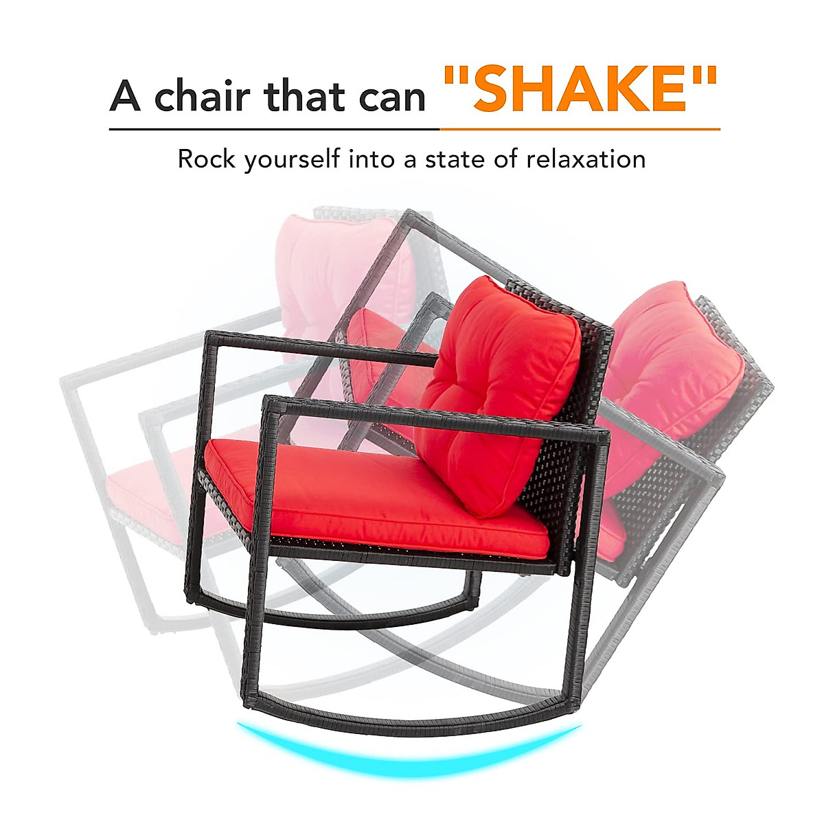 3 Pieces Rocking Bistro Set Wicker Patio Furniture Outdoor Conversation Sets Rattan Rocking Chairs with Red Cushions and Glass Coffee Table for Patio Porch Backyard Balcony Poolside Garden