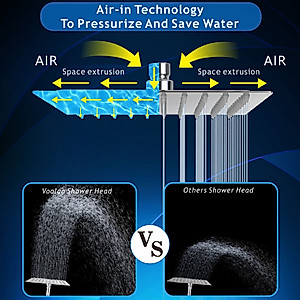 Voolan All Metal Shower Head with Extension Arm, Stainless Steel Waterfall Rainfall Showerheads, High Flow Bathroom Square Rain Shower Head (12’’ Shower Head with 16’’ Shower Arm, Brushed Nickel)