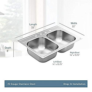 Moen GS202134Q 2000 Series 33-inch 20 Gauge Drop-in Double Bowl Stainless Steel Kitchen Sink, Featuring QuickMount