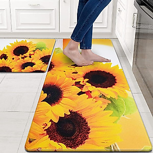Sunflower Kitchen Mat Set Anti Fatigue 2 Piece, Floral Kitchen Rugs and Mats Non Skid Washable Waterproof, Cushioned PVC Kitchen Rug Comfort Mat for Kitchen Floor Sink, 18'' x 48''+18'' x 30'', Yellow