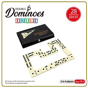 ERLLE Dominos Set Game. Premium Classic 28 Pieces Double Six Domino. Durable Leather Box. Kids, Boys, Girls, Party Favors and Anytime Use. Duoble 6 Dominoes.(PVC Edition)