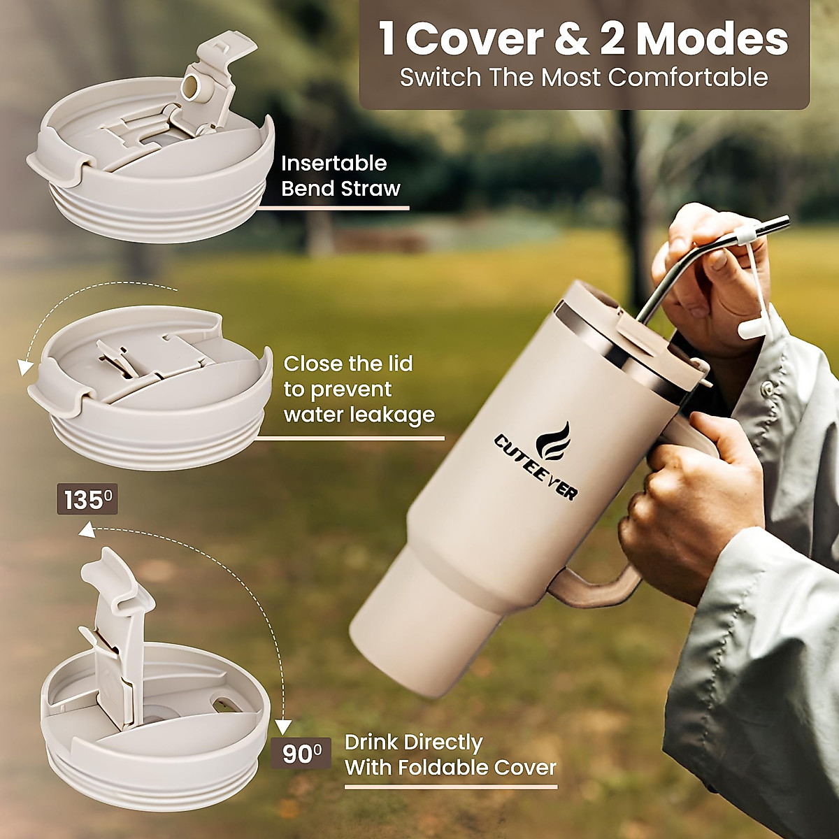 Cuteever Insulated Cup 40 oz Tumbler with Handle and Straw- Stainless Steel Water Bottle - Spill Proof Tumbler with Straw & Tumbler Accessories for Smoothie, Water, Iced Tea, or Coffee - Almond Color.