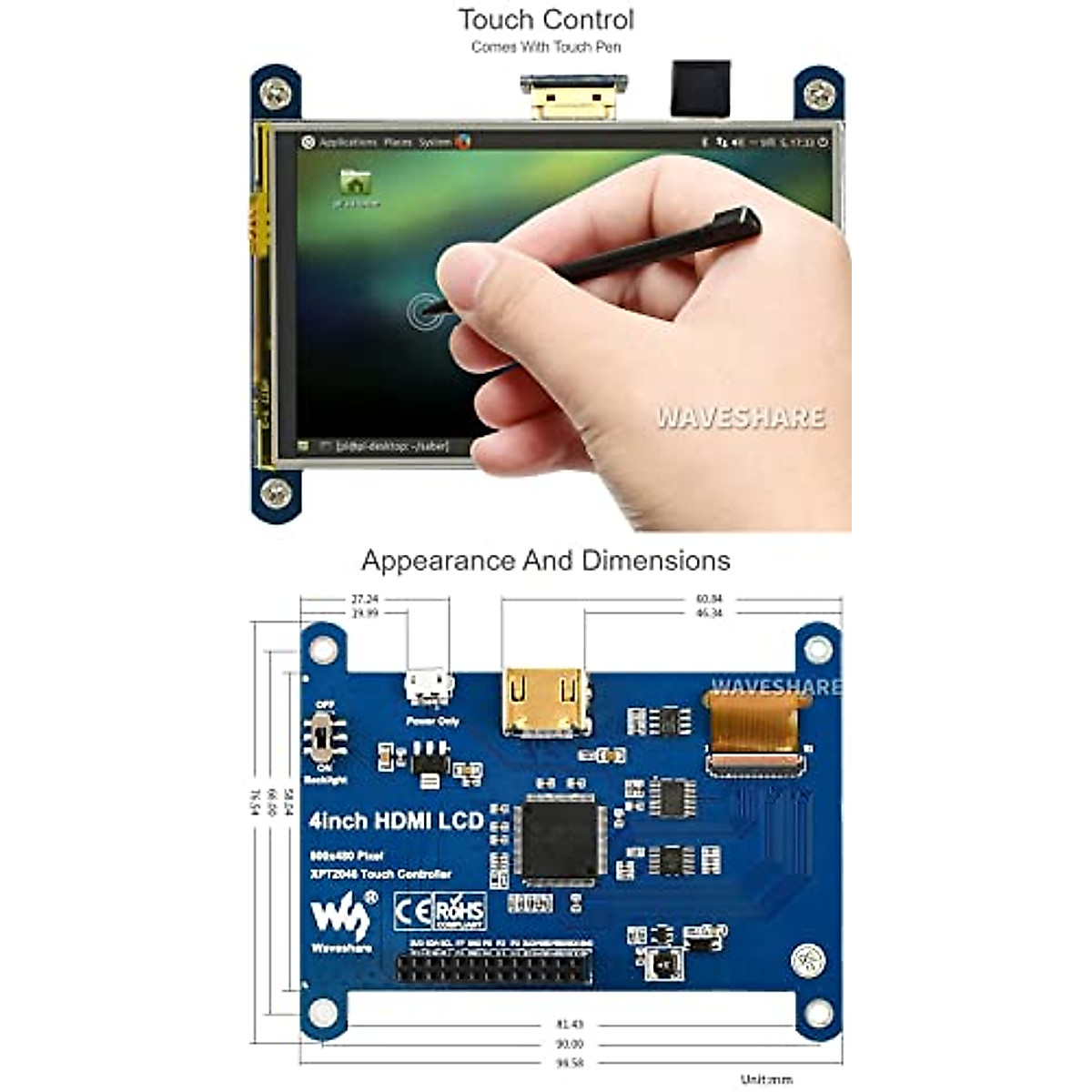 waveshare 4inch Resistive Touch Screen LCD Compatible with Raspberry Pi 4B/3B+/3A+/2B/B+/A+/Zero/Zero W/WH/Zero 2W CM3+/4 480×800 Resolution HDMI IPS Low Power Consumption Supports Windows