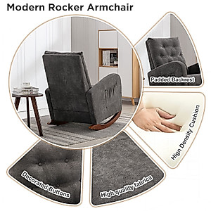 Rocking Chair Modern,Upholstered Glider Rocker Chair for Nursery,Comfy Armchair with Side Pocket for Living Room (Dark Grey)