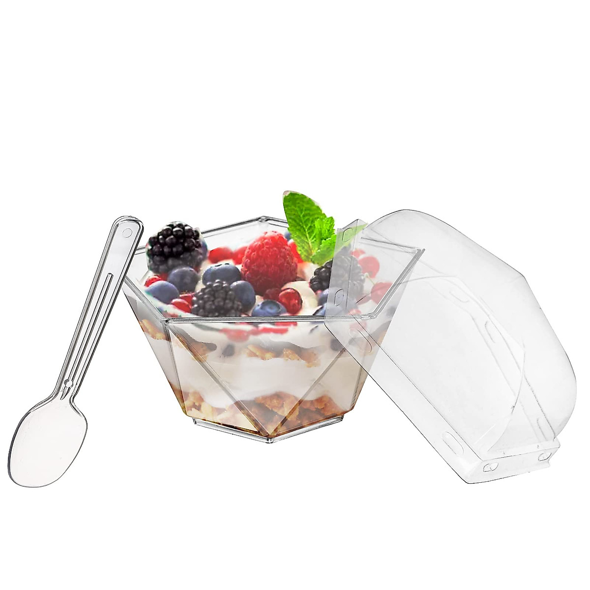 Foraineam 100 Pack Dessert Cups with 100 Lids and 100 Spoons, 3.7 oz. Clear Plastic Parfait Cups Disposable Reusable Diamond-shape Appetizer Cup Serving Bowls for Parties, Weddings and More