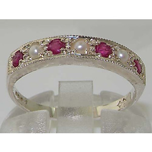 LetsBuyGold 925 Sterling Silver Cultured Pearl and Ruby Womens Band Ring - Sizes 4 to 12 Available