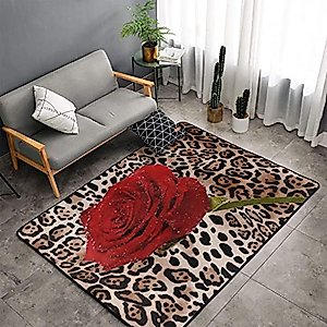 Soft Area Rug for Living Room,Leopard Red Rose Mix Wild Animal Leopard Print Pattern Background Romantic,Large Floor Carpets Doormat Non Slip Washable Indoor Rugs for Bedroom Kids Room 5 x 7Ft