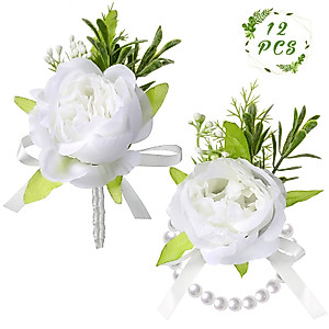Jexine 12 Pcs Rose Wrist Corsage Wristlet Band Bracelet and Men Boutonniere Set White Flower Corsage Wrist Flowers and Boutonniere Buttonholes for Wedding Flowers Accessories Decor
