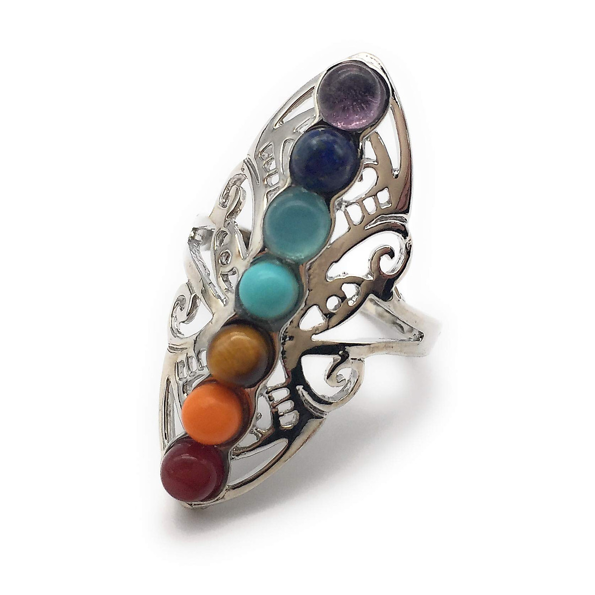 Healing Hollow Stones Adjustable 7 Chakra Ring Reiki Gem Jewelry for Women
