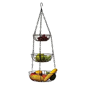 Culinary Couture Hanging Fruit Basket for Kitchen, 3-Tier Heavy-Duty Hanging Wire Baskets for Organizing, Minimalist Fruit Hanging Baskets for Kitchen, Black