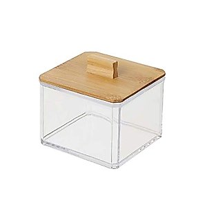 Yuema Clear Acrylic Cotton Pads Holder with Wooden Lid, Cotton Balls Swab Holder Container, Q-tip Dispenser Organiser Makeup Pad Box, Cosmetic Storage Case Bathroom