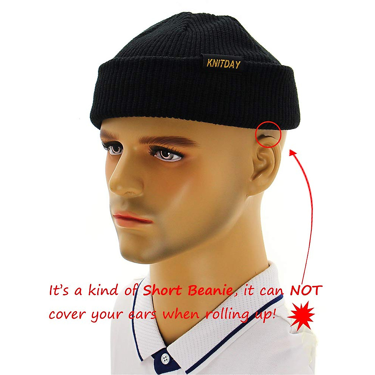 KNITDAY Sailor Trawler Short Thick Knit Fisherman Beanie Hats for Men and Women Plus Size Roll up Edge Cuff Streetwear Skull Cap Unisex Daily Wearing (Black)