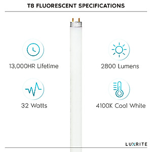 LUXRITE F32T8/841 32W 48 Inch T8 Fluorescent Tube Light Bulb, 4100K Cool White, 2800 Lumens, G13 Medium Bi-Pin Base, LR20732, 10-Pack