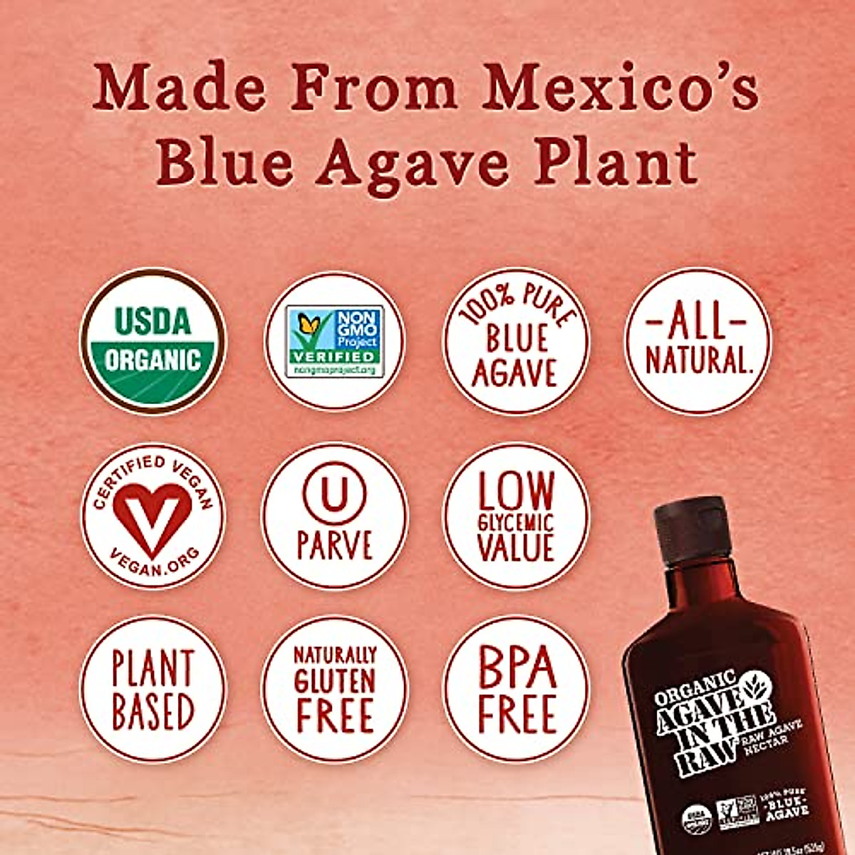Organic Agave Nectar Sweetener, Blue Agave Syrup - Vegan, Gluten-Free, Low Carb Sugar Substitute for Baking & Drinks