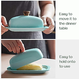 DOWAN Butter Dish with Lid, Ceramic Butter Keeper, 8 Inch Farmhouse Butter Holder with Handle Cover, Butter Container Perfect for East West Coast Butter, Turquoise