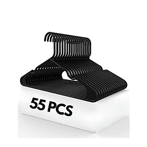 Plastic Luxury Hangers Black Black Velvet Non -Slip Clothes Hangers-Pack of 55 - Ultra Slim & Space Saving - Heavy Duty with 360 Degree Black Swivel Hook for Clothing, Suit, Top (Black Hangers)