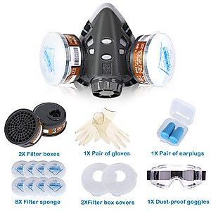 19 in 1 Reusable Face Cover Set with Glasses for Gas, Painting, Dust, Machine Polishing, Organic Vapors with Filter Cotton, Staining,Car Spraying,Sanding &Cutting, DIY and Other Work Protection