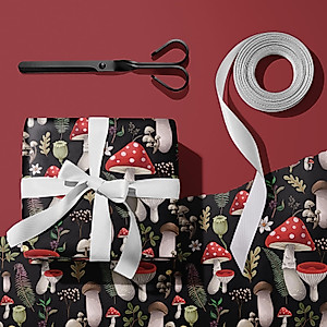 WRAPAHOLIC Mushroom Wrapping Paper Roll - Mini Roll - 17 Inch x 33 Feet - Black Red Mushrooms Plants Design, Perfect for Birthday, Autumn, Party, Holiday