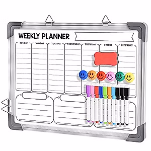 Dry Erase Weekly Calendar Whiteboard for Wall, 16" x 12" Magnetic White Board Dry Erase Calendar Memo to Do List Board, Hanging Double-Sided Weekly Planner Board for Home, School, Office, Kitchen