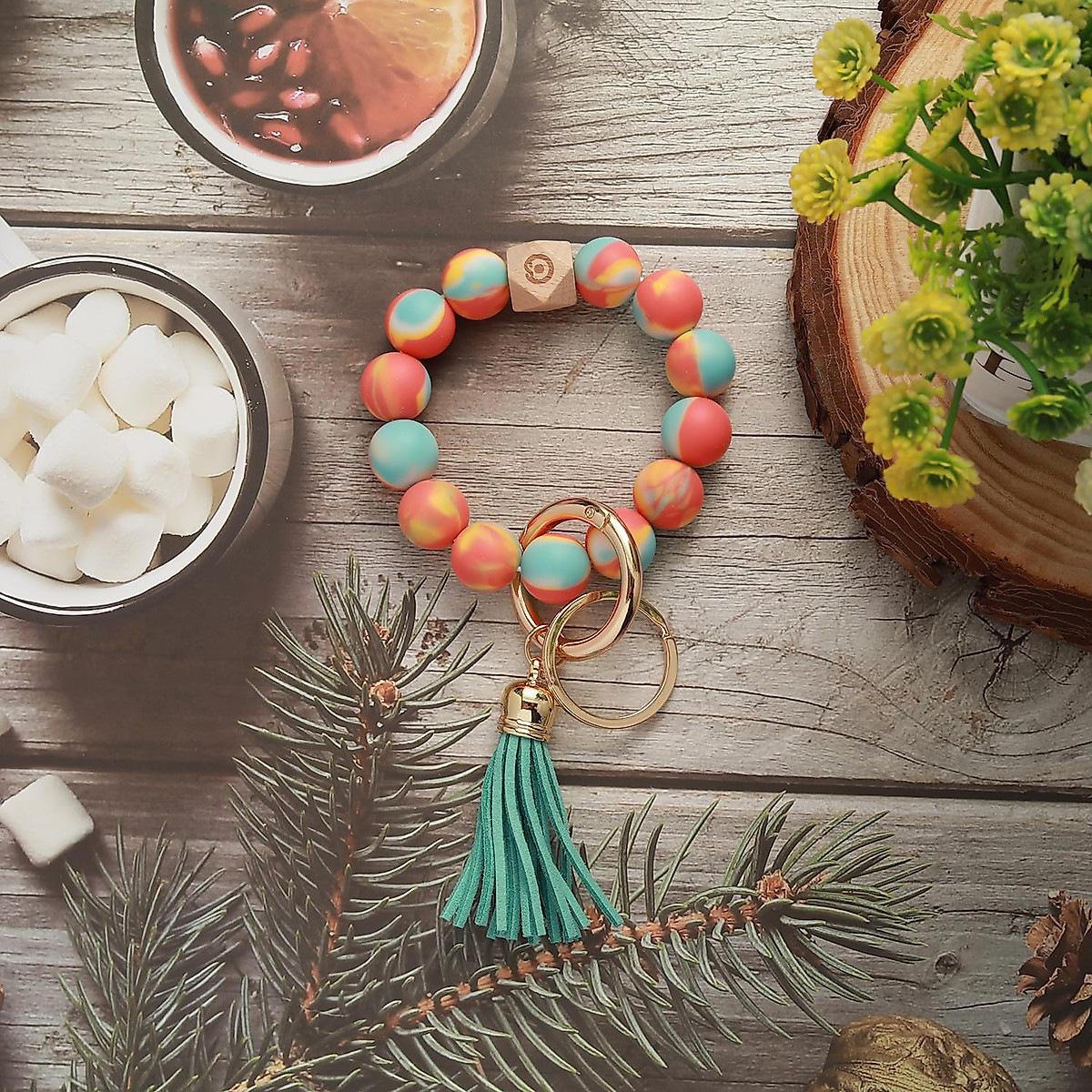 Coolcos Silicone Key Ring Bracelet for Women Portable Keychain Holder, Car Keychain Elastic Beaded Wristlet with Tassel (rainbow colorful)