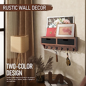 Rebee Vision Modern Farmhouse Key Holder Wall Mount with 2 Drawer Organizer : Mail Organizer with 6 Key Hooks and Wall Shelf - Home Organization for Room Decor (Brown & Black)