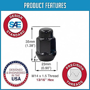 Wheel Accessories Parts 20 Pcs M14x1.5 14x1.5 Thread Bulge Acorn 35mm 1.38" Long Lug Nuts Black Chrome 13/16" 21mm Hex Fits 2010+ Chevy Camaro | Dodge Charger Challenger | 2014+ Ford Mustang