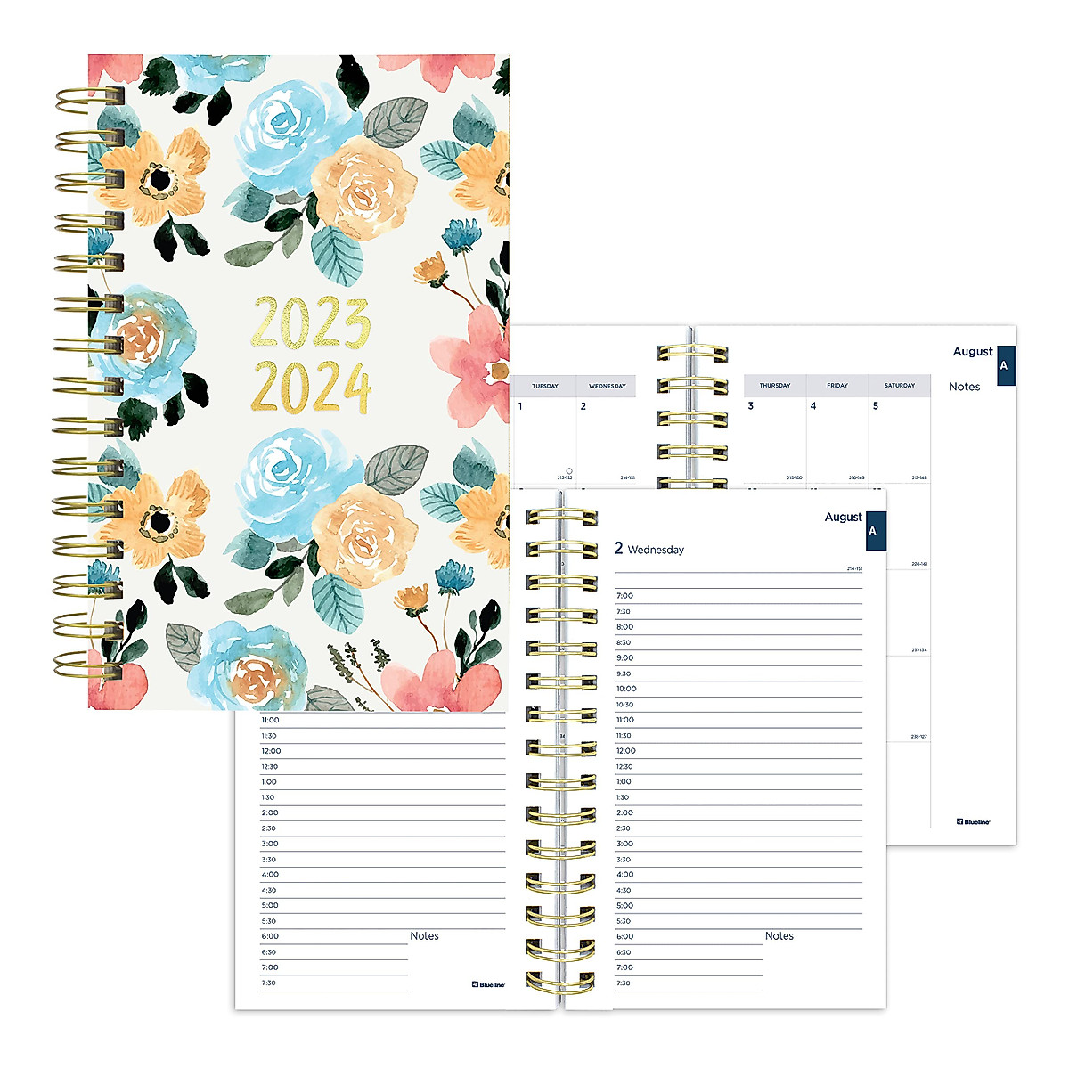 Blueline Essential Academic Daily/Monthly Planner, August 2023 to July 2024, Gold Twin-Wire Binding, Poly Cover, 8" x 5", Blossom Design, Yellow (CA214PG.02-24)