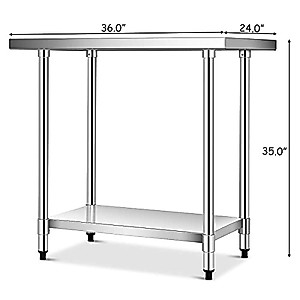 Giantex 36 x 24 Inches Stainless Steel Work Table, Commercial Kitchen Prep Work Table with Galvanized Shelf, Adjustable Plastic Feet, Heavy Duty Work Prep Table for Kitchen, Restaurant