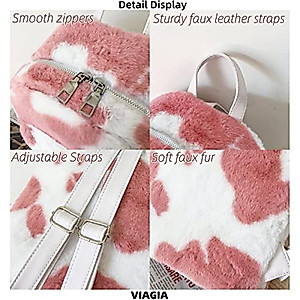 Fluffy Furry Mini Backpack Cow Print Plush Backpack Y2k Sherpa Shoulder Bag with Adjustable Straps (Black-Cow,10.2 * 4.7 * 8.7inch)