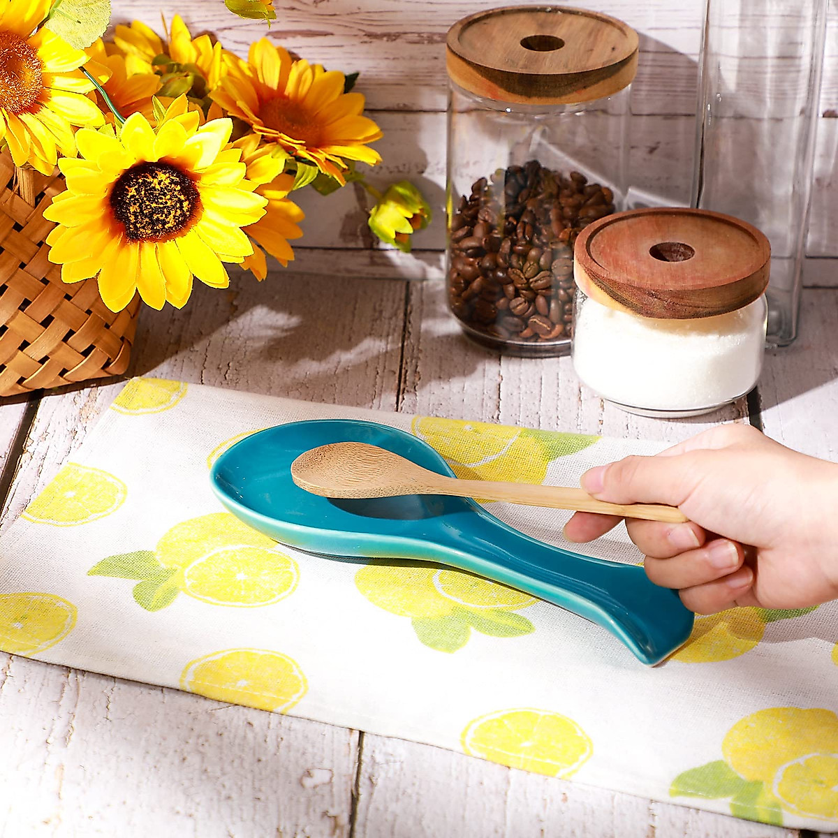 Patelai Ceramic Spoon Rest Spoon Holder Stovetop Spoon Holder for Kitchen Stove Coffee Bar Accessories (Blue)