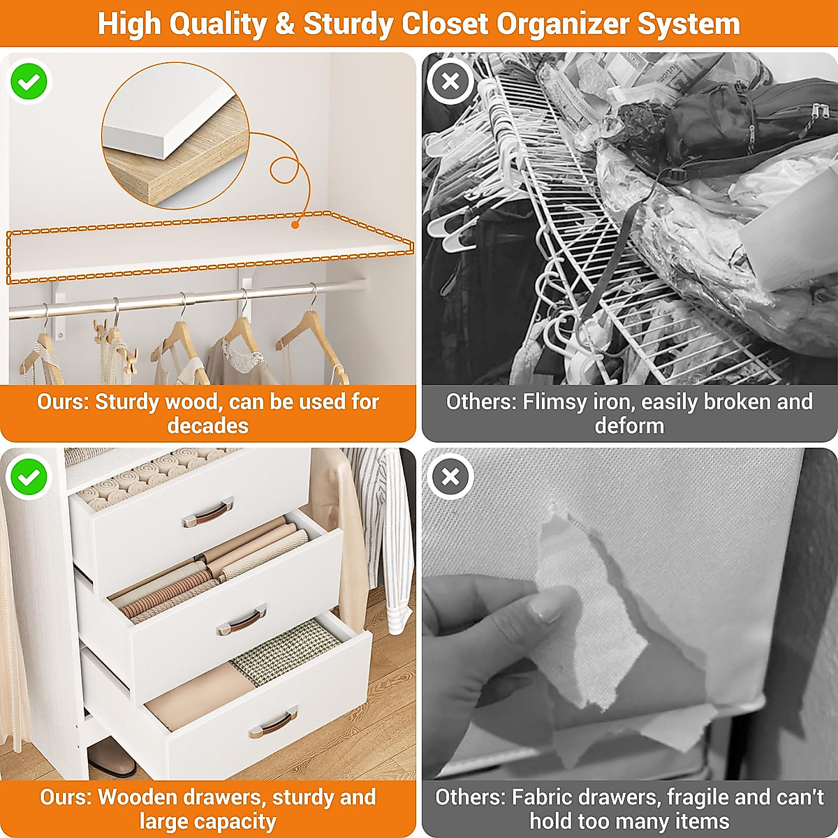 Cyclysio Closet System, 8FT Closet Organizer System with 3 Wooden Drawers, 96'' Walk-in Closet with 3 Hanging Rods & 3 Shelf Tower, Adjustable Wall Mount Closet Organizer, Build-in Garment Rack,White