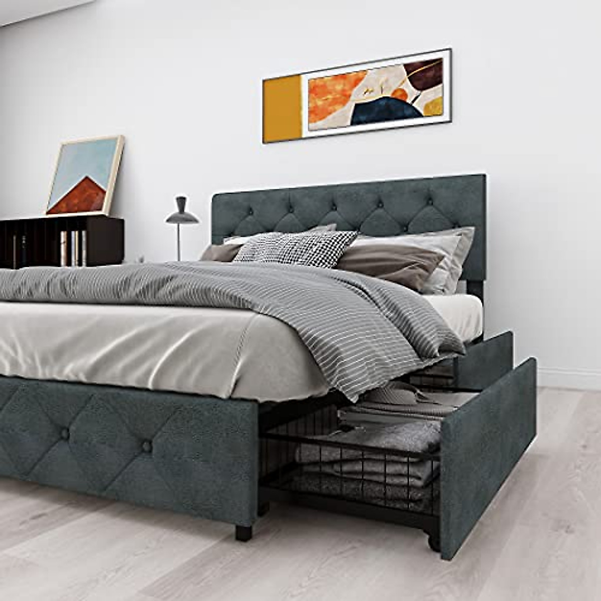 Wancla Queen Upholstered Platform Bed Frame with 4 Storage Drawers/Adjustable Button Tufted Headboard/No Box Spring Neeed/Wood Slat Support/Easy Assembly/Dark Grey, Leathaire