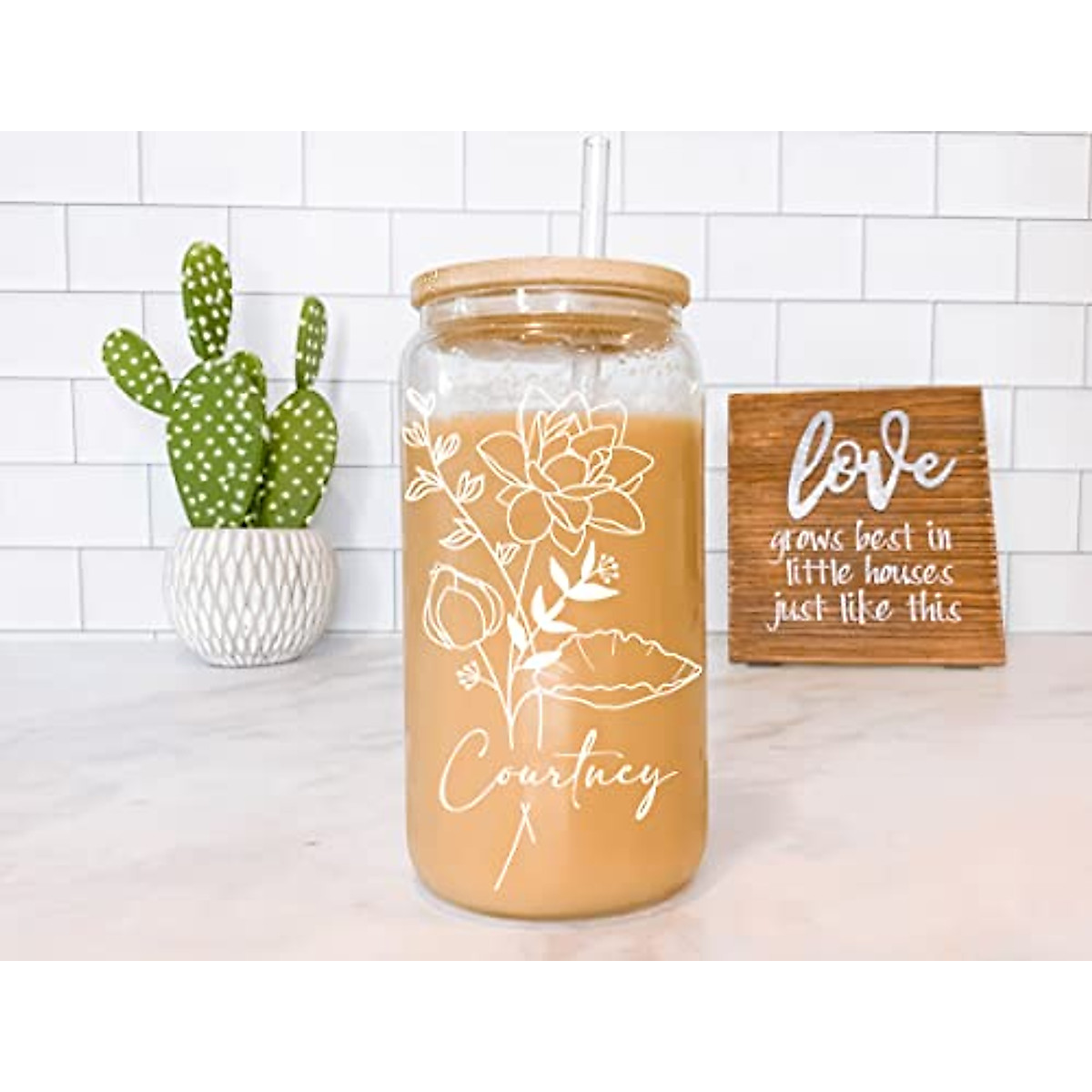 Personalized Name Birth Flower Glass Cup Custom Ice Coffee Bridesmaid Gift Her Friend Birthday Mother's Day Bachelorette Party Aesthetic Boho Floral Beer Can Tumbler Bamboo Lid Straw
