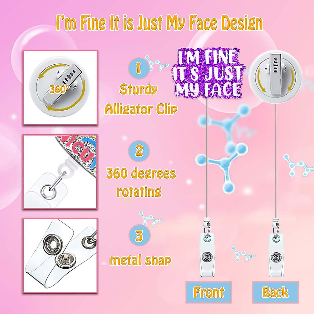 ANDGING Funny Nurse Badge Reels Retractable for Nurses, I'm Fine It's Just My Face Nurse Badge Reel Holder Nursing Acrylic Cute Badge Clips RN LPN CNA Medical ID Card Badge Holder Office Accessories