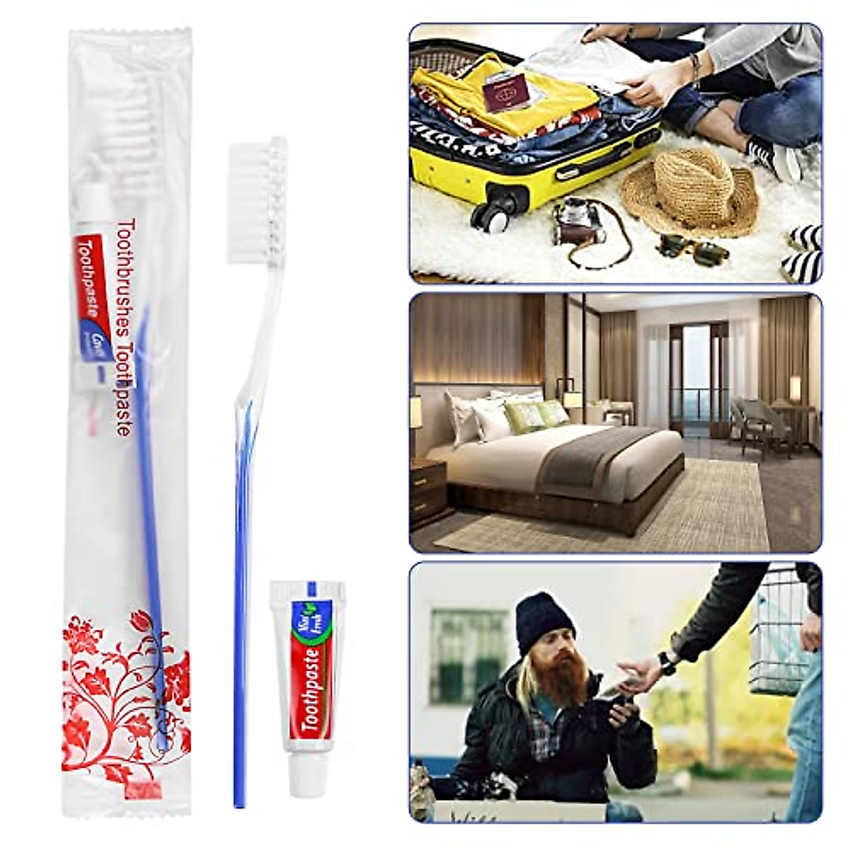 Travel Toothbrushes Kit,100Pcs Travel Toothbrush Set Disposable Toothbrushes with Toothpaste for Nursing Home,Hotel,Charity(Individually Wrapped)