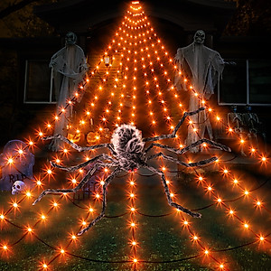 Solar Spider Web Halloween Decorations Lights, 16.4 x 15.7 Ft Solar Powered Huge Triangular Spider Web, 192 LEDs 8 Modes Waterproof with Timer and Giant Spider for Yard House Party Decor(Orange)