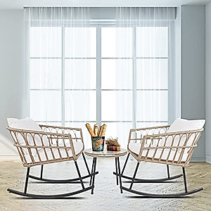 Patio Outdoor Boho Balcony Furniture Rocking Chairs Set,3-Piece Wicker Rattan Small Patio Conversation Rocking Chairs and Glass Table,3 Piece Chat Set with Waterproof Cushions