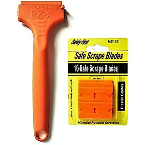 MINISCRAPER 10 Plastic Double Edged Razor Blades and EZ X Razor Scraper Pat. Pending