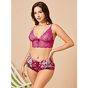 WDIRARA Women's Pajamas Set Lace Satin Sexy Lingerie with Cami Floral Shorts Sleepwear Floral Hot Pink S