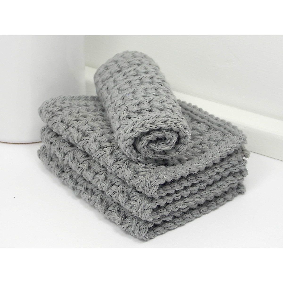 Set of 4 Handmade Grey 4 inch x 7 inch Rectangular Crochet Cotton Dishcloths, Gray Dishrags