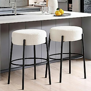 Dolonm 30 Inch Round Bar Stools Set of 2, Teddy Fabric Upholstered, Bouclé and Sherpa Chairs, Backless Kitchen Island Stools, Metal Frame Bar Chairs, Beige with Black Legs (Set of 2)